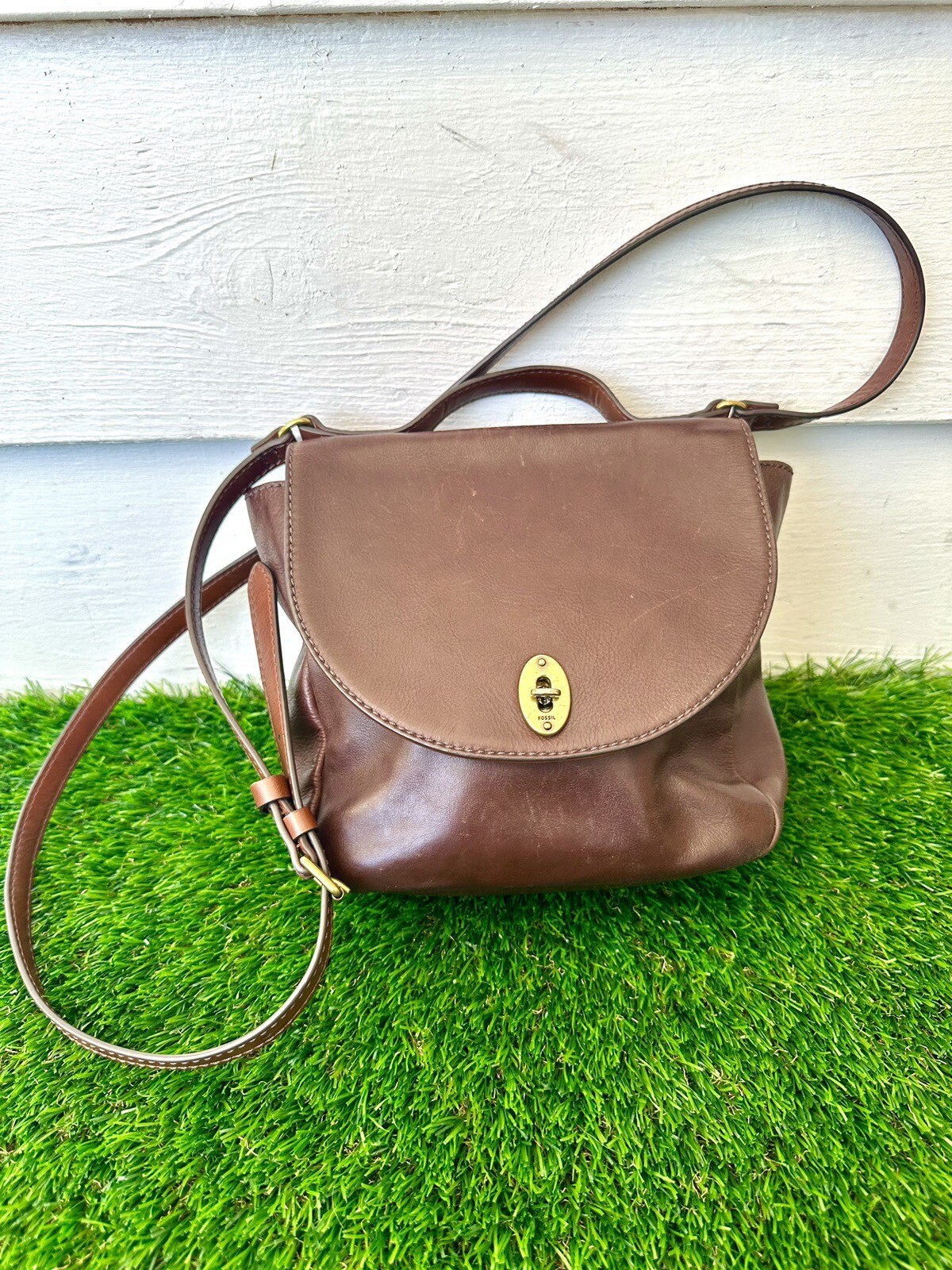 RARE Fossil Classic Messenger TURN LOCK Leather Brown… - Gem