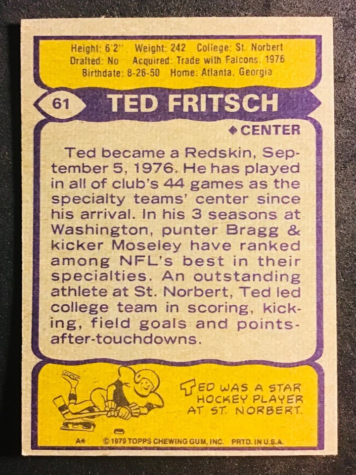 Washington Redskins TED FRITSCH autographed signed 1979 TOPPS auto ST ...