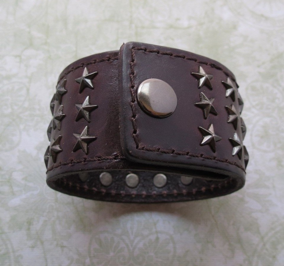 Urban Rustic Punk Genuine Brown Leather Wide Band Bracelet & Star ...