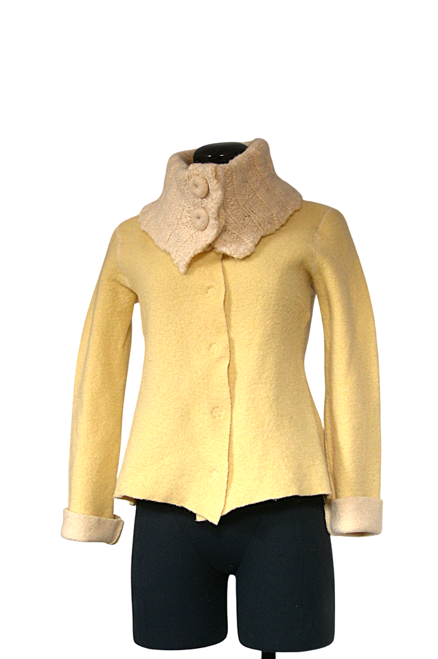 Casch by Gro Abrahamsson jacket,yellow boiled wool/cream knit collar ...