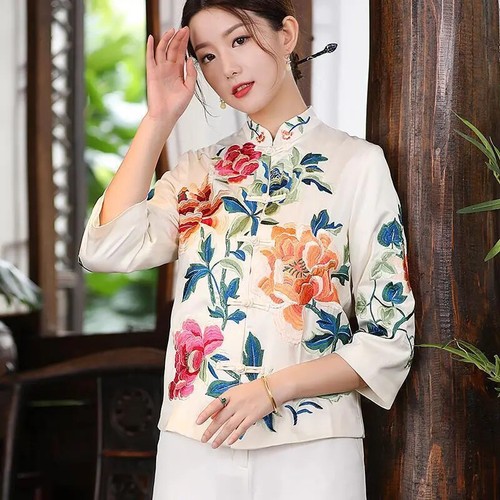Women Chinese New Year Embroidered Cheongsam Jacket Satin Ethnic Top ...