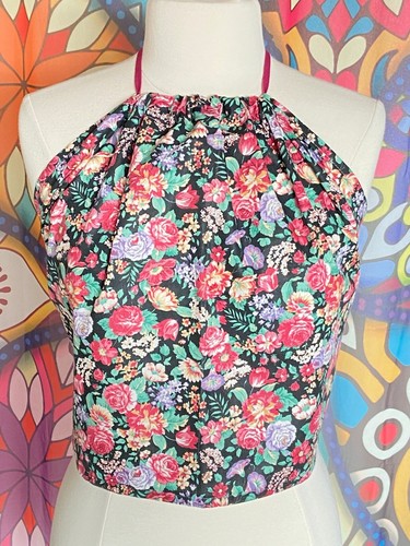 Vintage 1970s Floral Pink & Black Groovy Festival Hippy Halter Top M/L ...