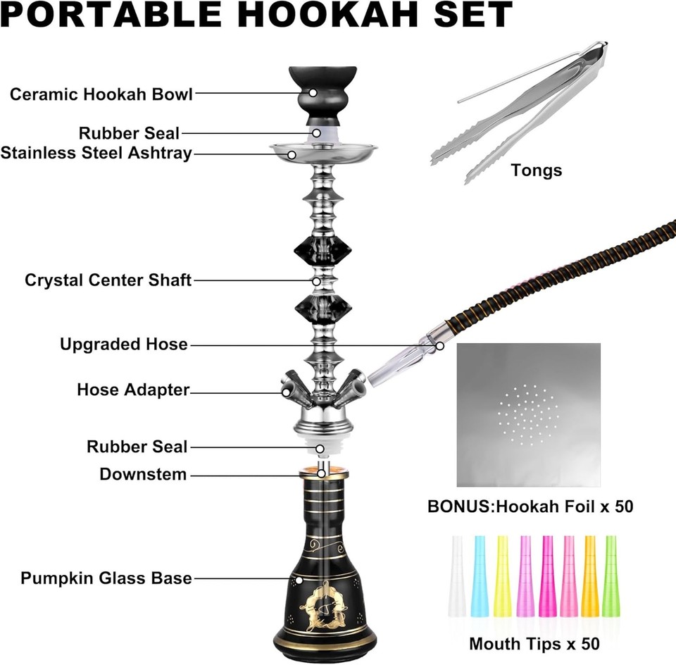4 Hose Hookah Set 21'' Shisha Hookah Set With Medium Glass Vase ...