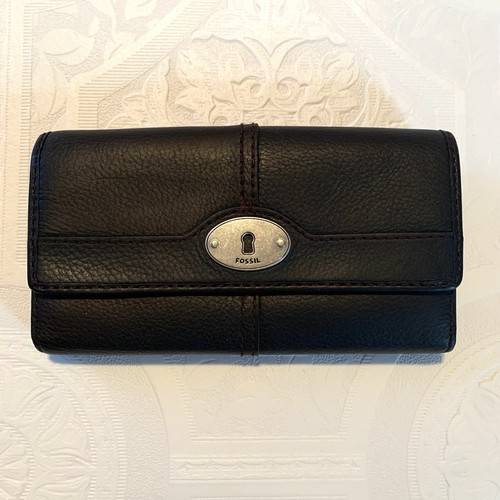 Vintage FOSSIL Wallet Black Leather Womens Trifold Clutch Keyhole Logo ...