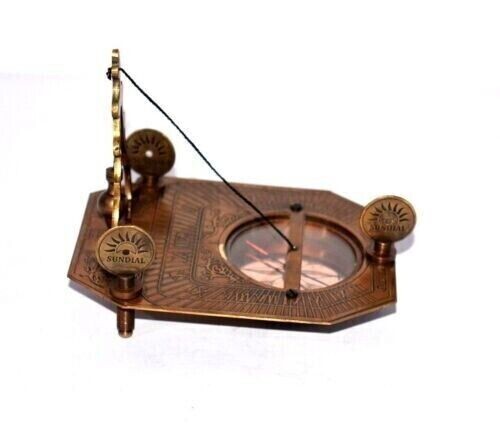 Brass vintage 3.5inch sundial pendulum antique finish with wooden box ...