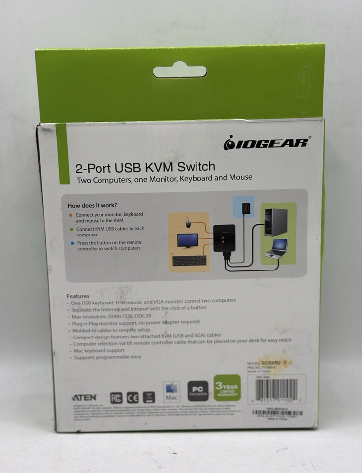 IOGEAR GCS22U 2 Port USB KVM Switch-Black | eBay