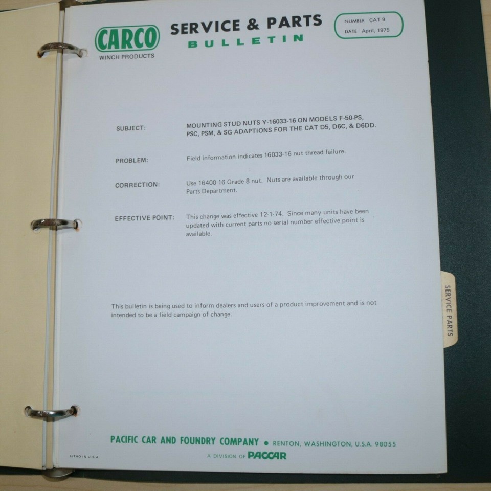 CARCO Winch Dealer Service Report Bulletin Warranty Manual Parts Owner ...