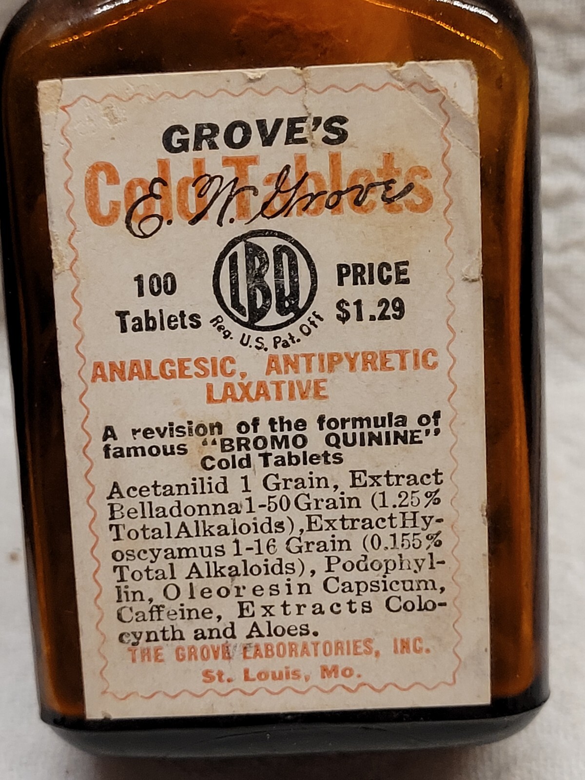 Groves Cold Tablets Original Label Grove Laboratories St. Louis ...