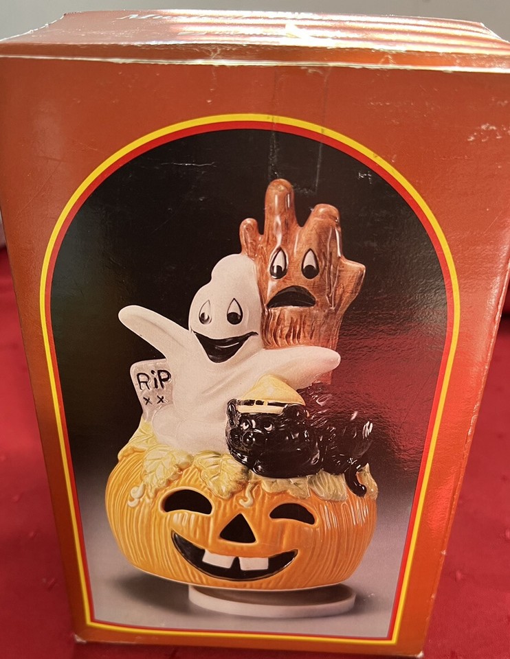 Halloween Music Box Ceramic Pumpkin Ghost Black Cat 7” New In Box | eBay