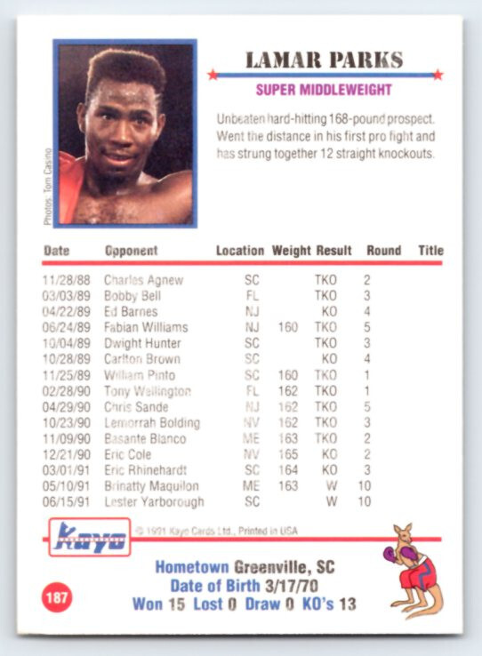 LAMAR PARKS SUPER MIDDLEWEIGHT Kayo Boxing Trading Card 1991 B174 | eBay