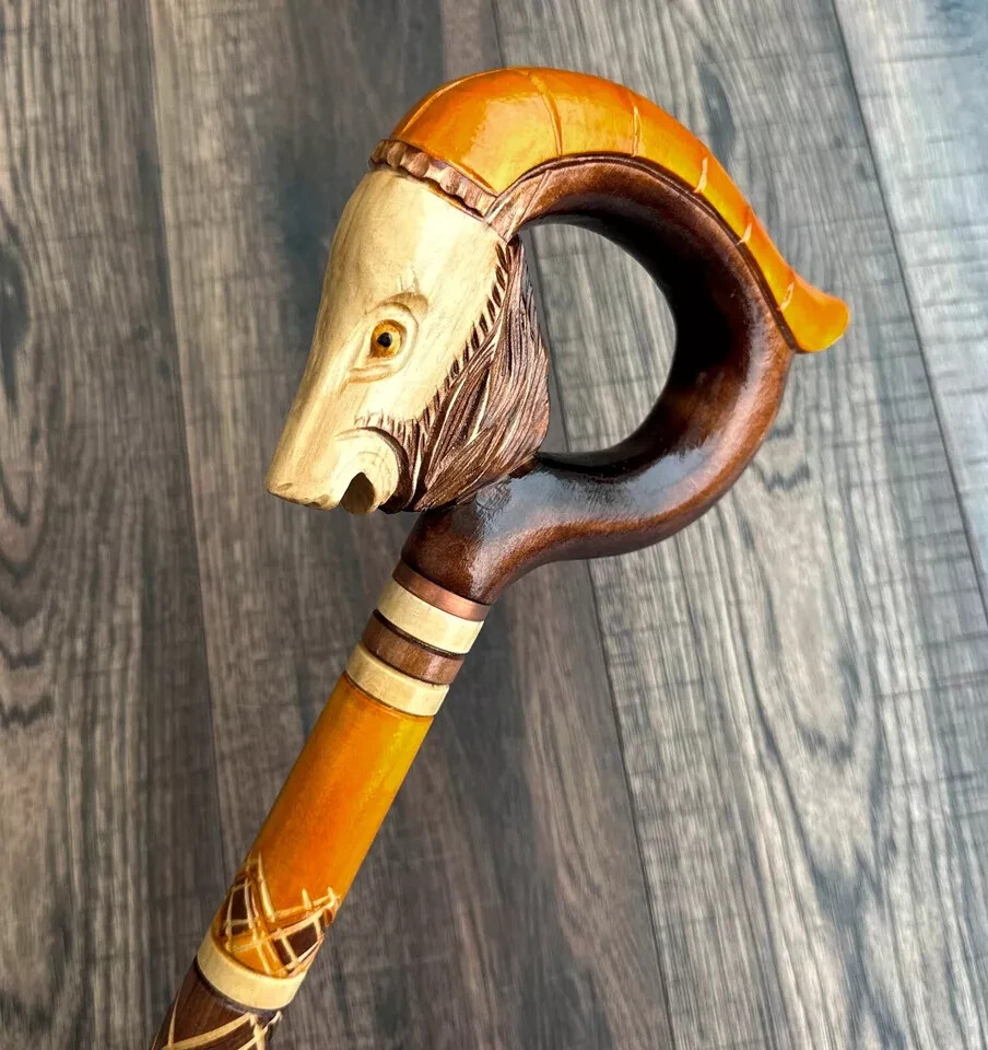 Goat Walking Stick Hand Carvin Cane Wooden Unique Handmade Cane Hiking ...
