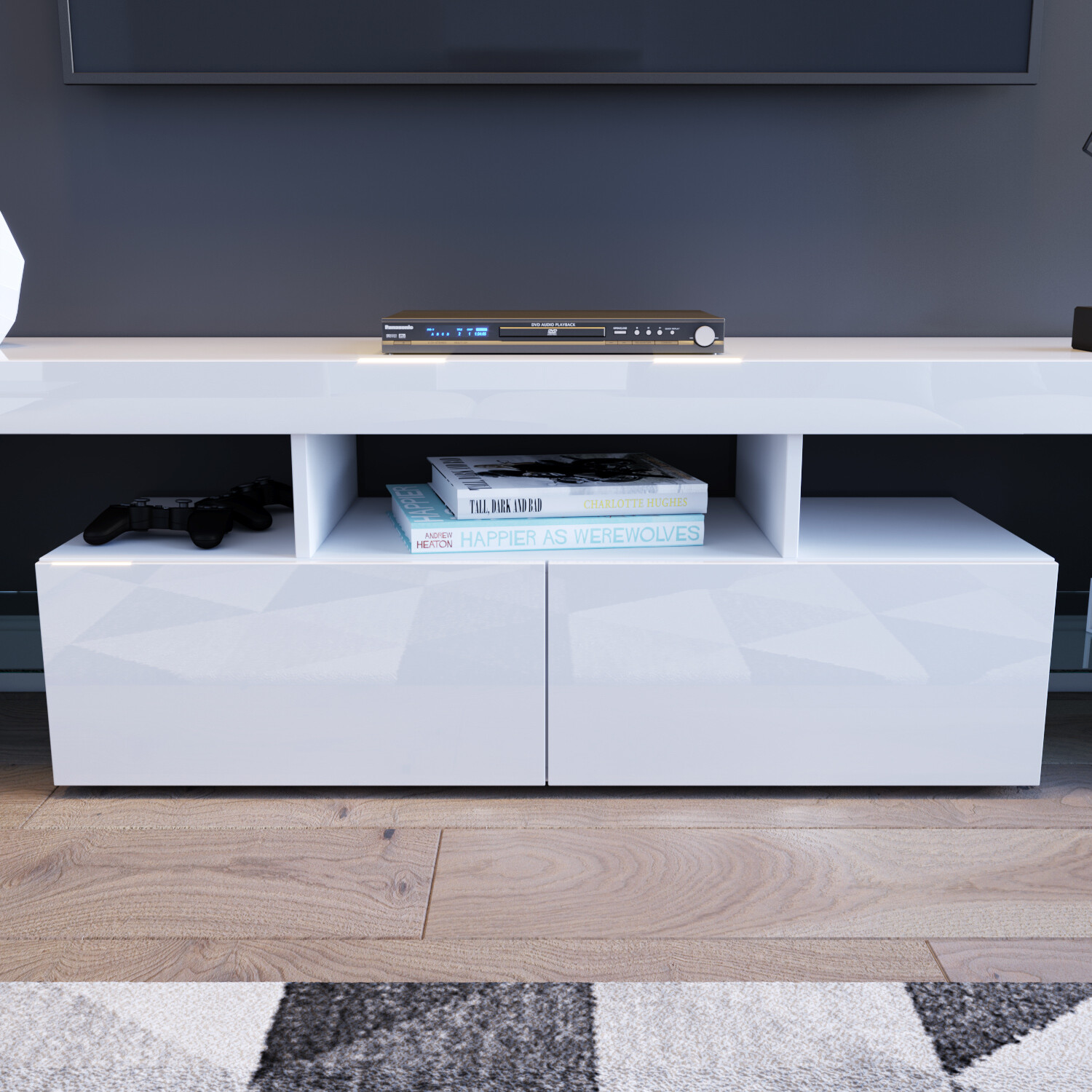 160cm TV Unit Cabinet Stand with LED Light White Black High Gloss Doors ...
