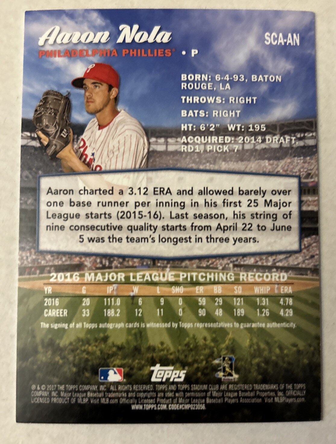 2017 Topps Stadium Club Aaron Nola Auto Autograph SCN-AN | eBay