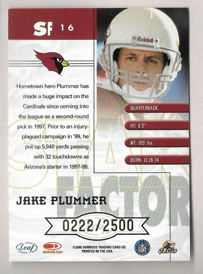 JAKE PLUMMER 2000 QUANTUM LEAF STAR FACTOR SP INSERT CARD #SF16 0222/ ...
