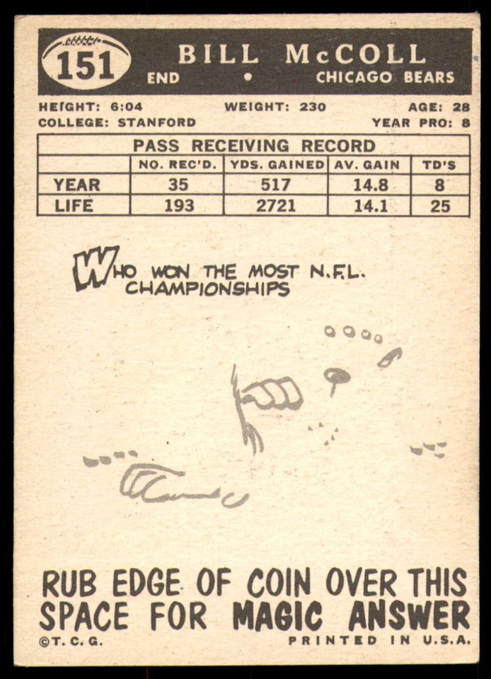 1959 Topps #151 Bill McColl Excellent+ Bears ID:244872 | eBay