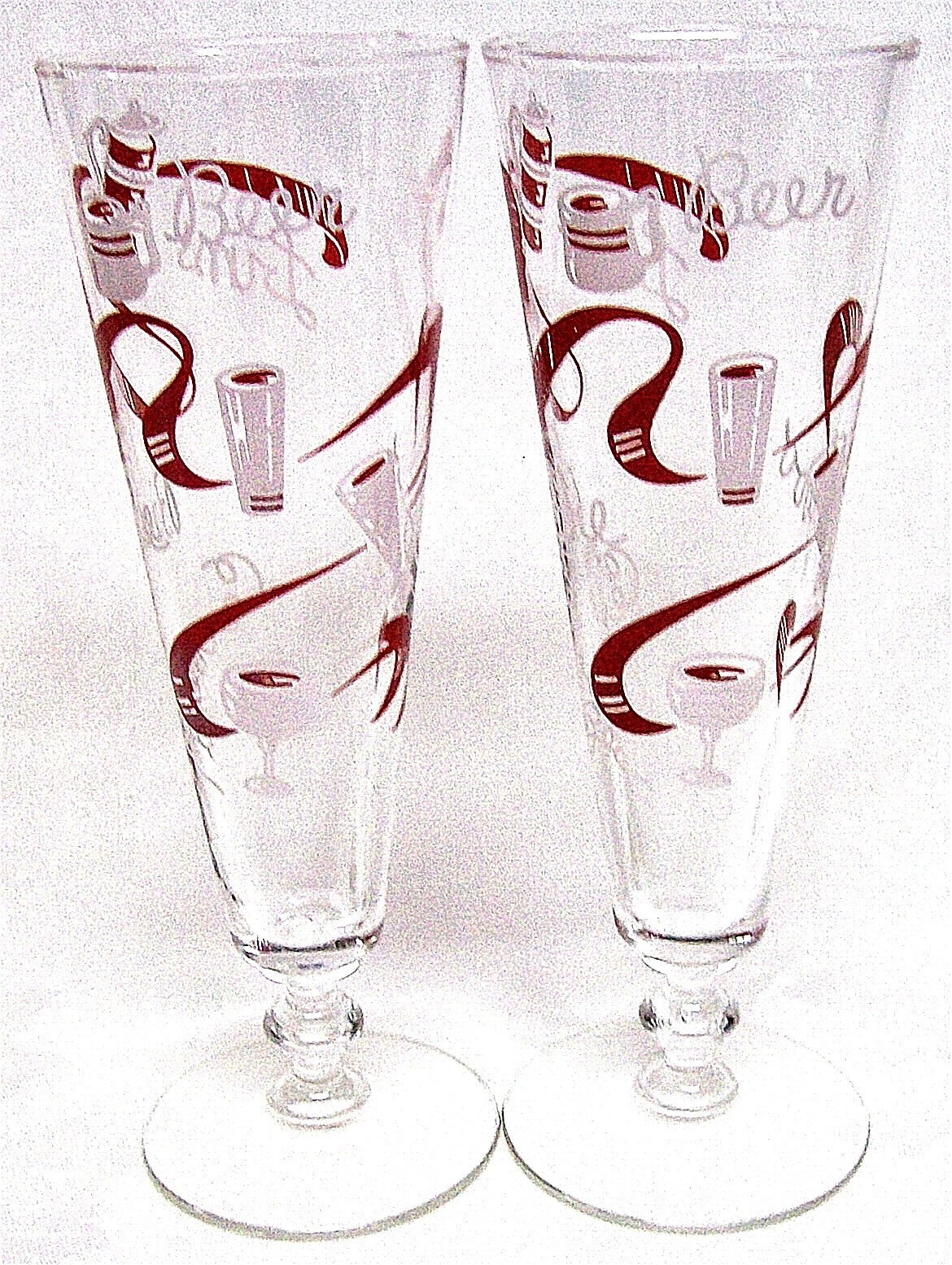 (2) TWO BEER FLUTES - 8 OZ - 8-1/2" TALL - RED & WHITE PRINTING | eBay