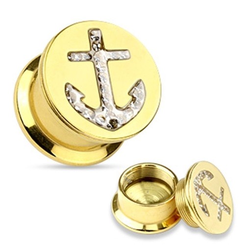 PAIR-Anchor Gem Gold IP Screw On Stash Ear Plugs 12mm/1/2" Gauge | eBay