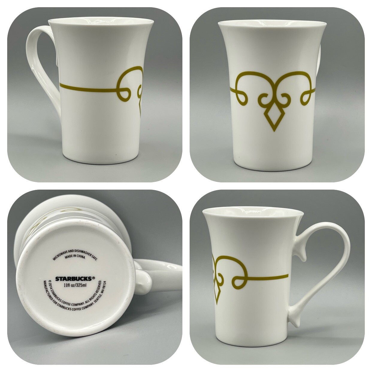 Starbucks Ceramic Coffee Tea TAZO Cup Mug White 11 fl oz GOLD Scroll ...