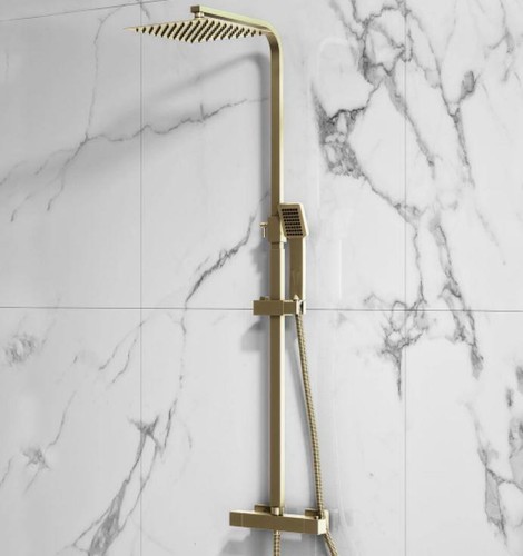 Brushed Brass Square Bar Mixer Shower with Shower Kit and Fixed Head | eBay