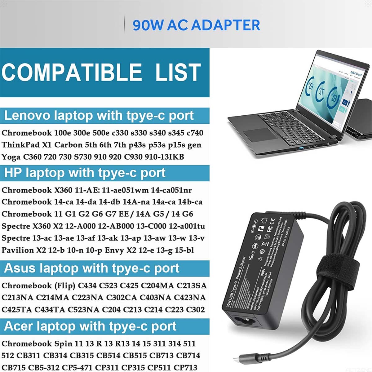 90W USB-C PD Type-C AC Adapter Laptop Charger Universal Power Supply ...