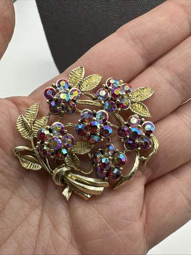 Vintage CORO Goldtone & Red AB Crystal Rhinestone Round Flower Brooch ...