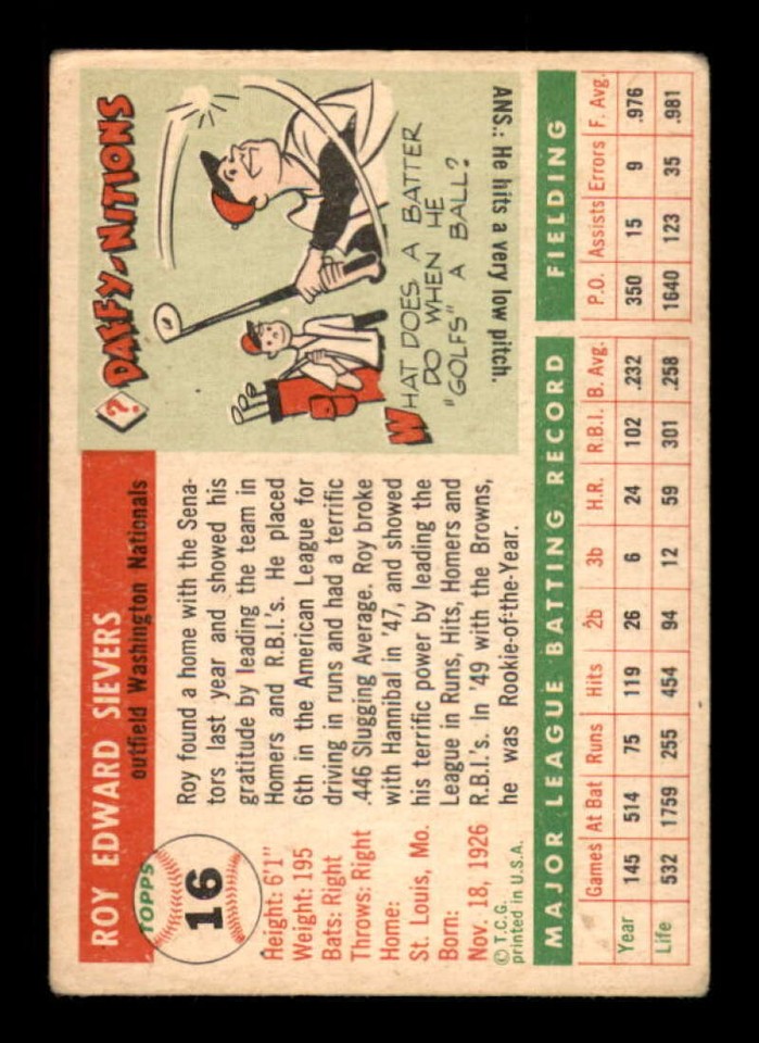 1955 Topps #16 Roy Sievers G Senators 550008 | eBay