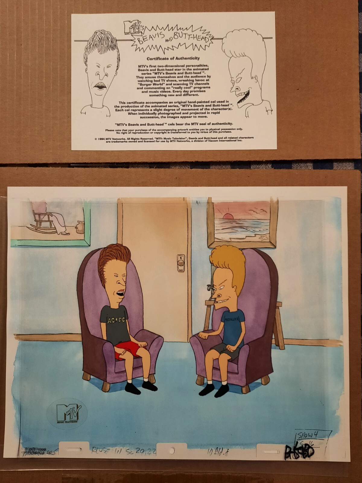 1993 ORIGINAL BEAVIS AND BUTTHEAD SITTING ANIMATION CEL WITH MTV COA ...