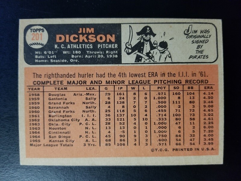 JIM DICKSON 1966 TOPPS BASEBALL CARD #201 KANSAS CITY ATHLETICS | eBay