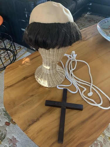 Bald Friar Monk Costume Accessory Bowl Hair Cut Wig Huge Cross Crucifix ...