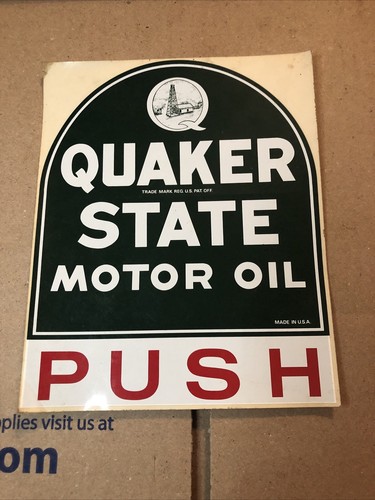Original QUAKER STATE Motor Oil Glass Door Push Decal Tombstone Logo ...