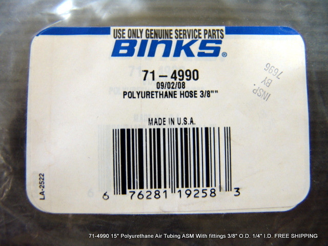 BINKS 71-4990 15" Poly Tubing ASM & fittings 3/8" O.D. 1/4" I.D. for ...