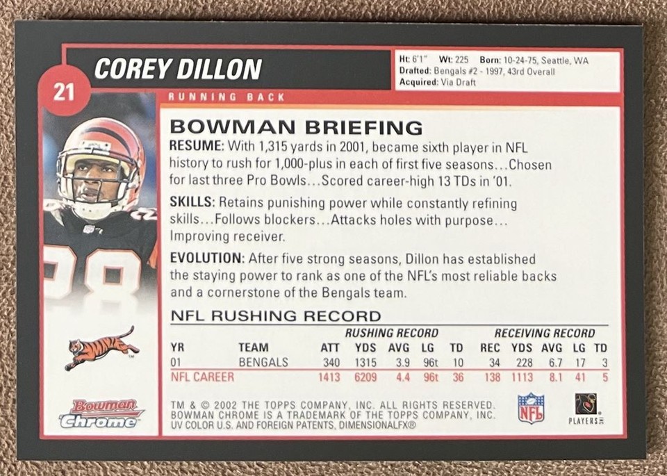 2002 Bowman Chrome Corey Dillon Cincinnati Bengals #21 NFL Football ...