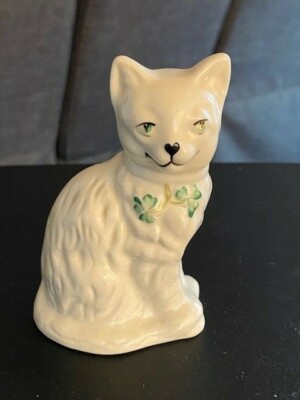 Genuine Belleek Porcelain Cat Figurine with Shamrocks, Green Eyes ...