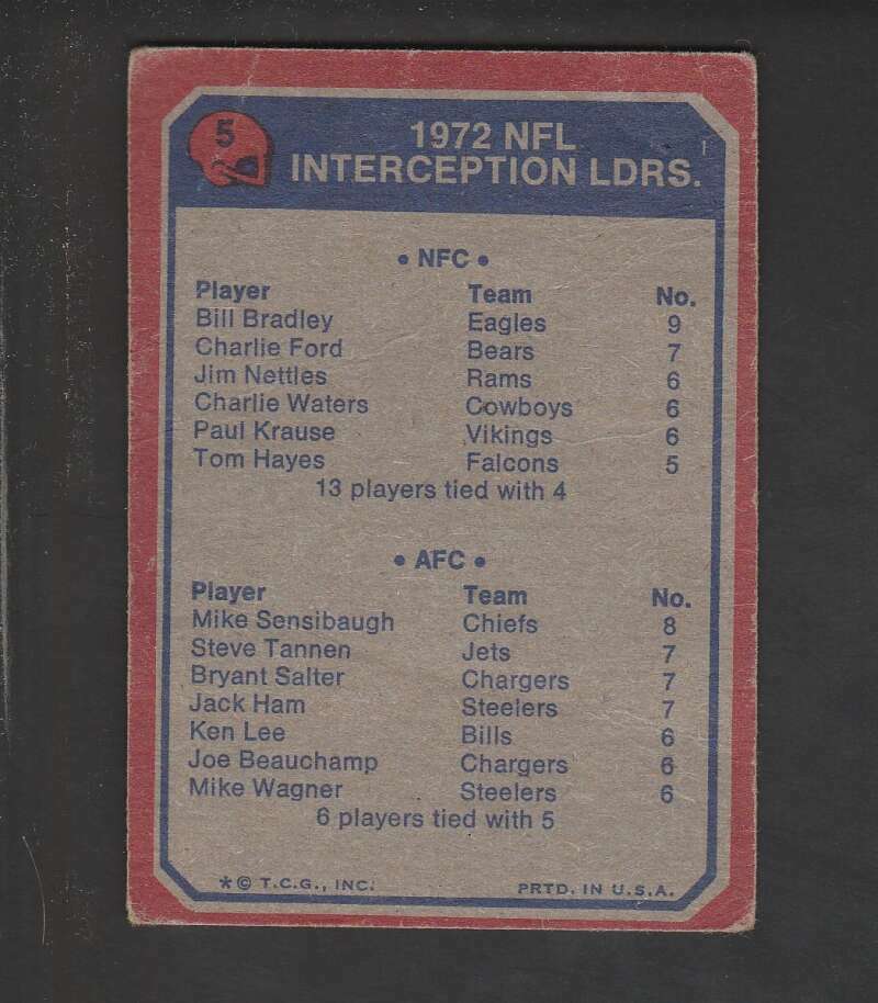 1973 Topps #5 Bill Bradley/Mike Sensibaugh GVG 1972 Interception ...