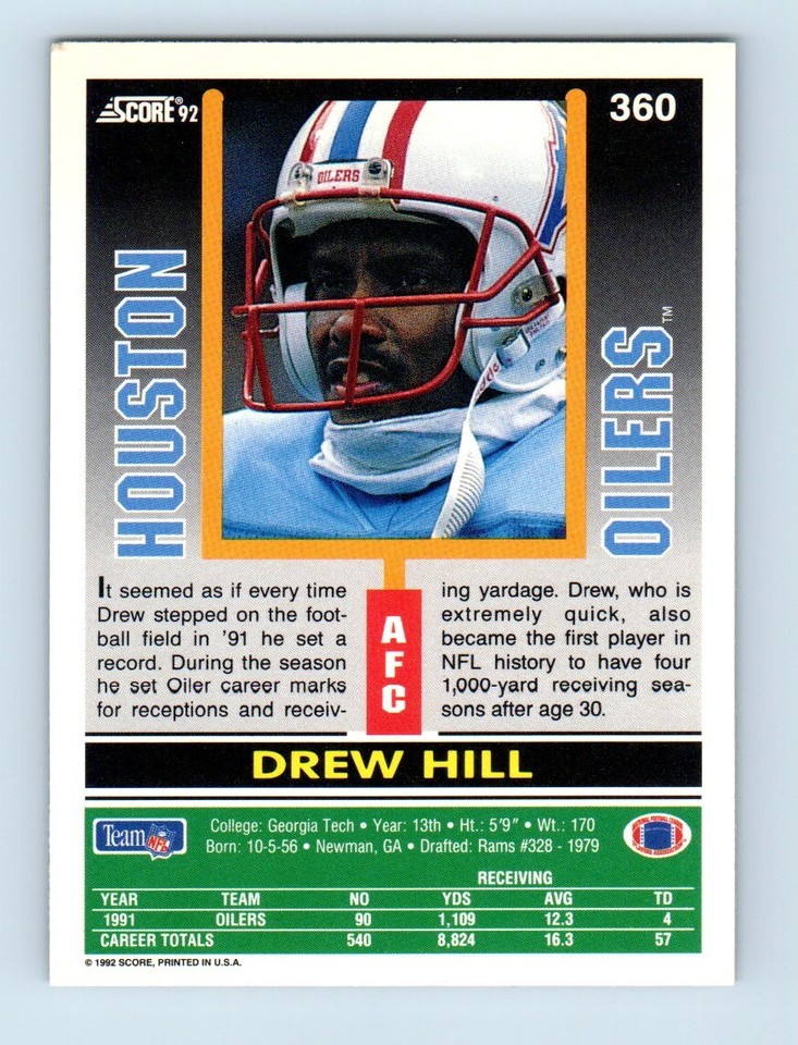 1992 Score Drew Hill Houston Oilers #360 | eBay