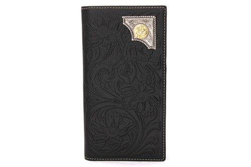 Western Bifold Wallet Black Checbook Genuine Leather Gold Bull Rider ...