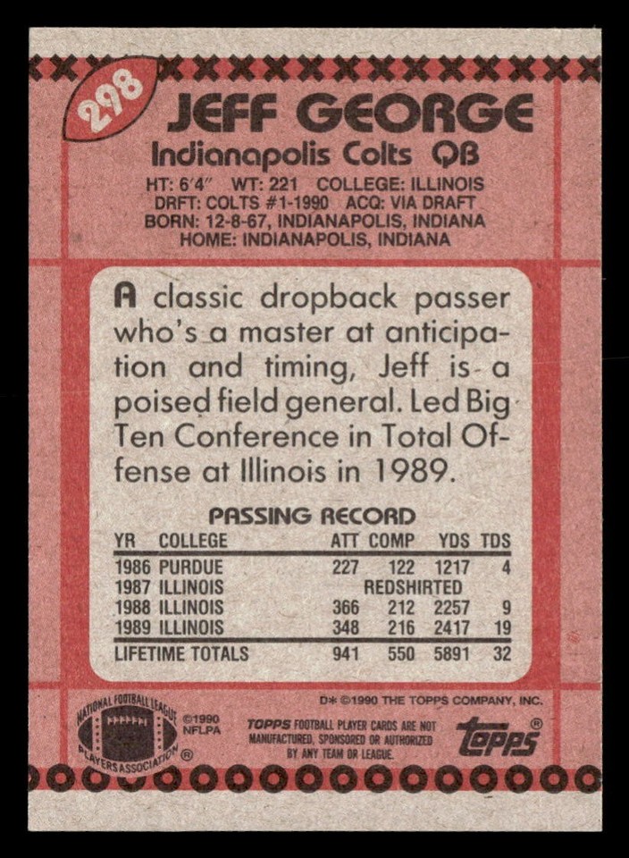 Jeff George 1990 Topps Rookie Card 298 Indianapolis Colts Illinois | eBay