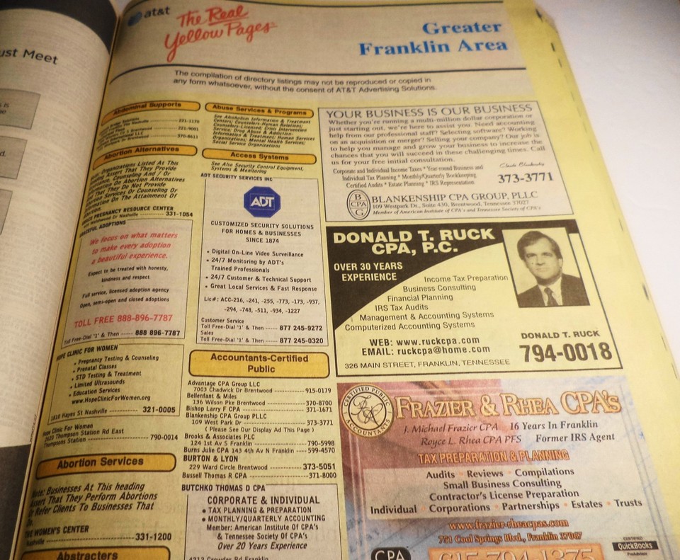 BIG 2010-2011 FRANKLIN BRENTWOOD+MORE TN PHONE DIRECTORY YELLOW PAGES ...
