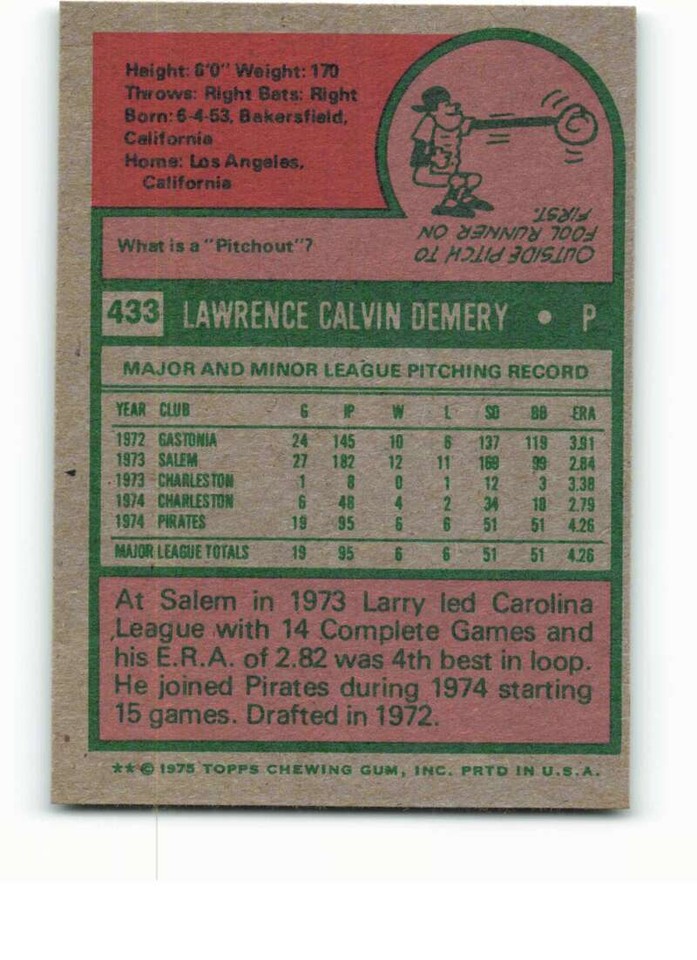 1975 Topps Mini #433 Larry Demery NM Near Mint RC Rookie Pirates ID ...