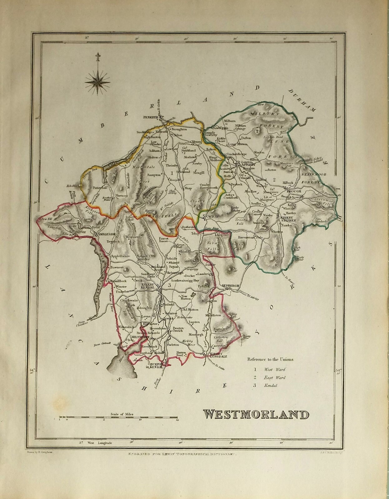 1845 ANTIQUE COUNTY MAP WESTMORLAND KIRKBY | Grelly UK