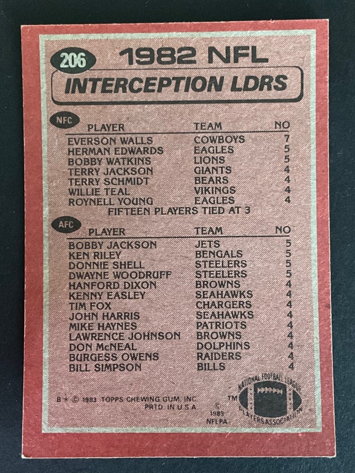 1982 Interception Leaders 1983 Topps Football Card #206 featuring ...