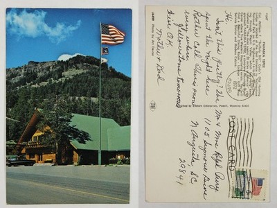 1972 PAHASKA TEPEE Postcard, WY, Log Cabin, American Flag, Travel ...