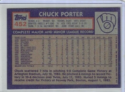 1984 Topps #452 Chuck Porter Milwaukee Brewers | eBay