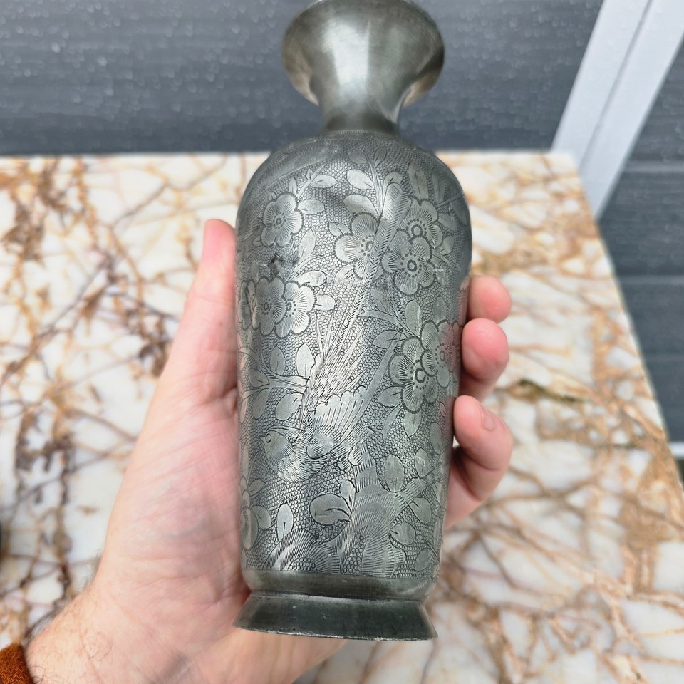 Chinese Antique Pewter Vases with bird decoration KUT HING Swatow Not ...