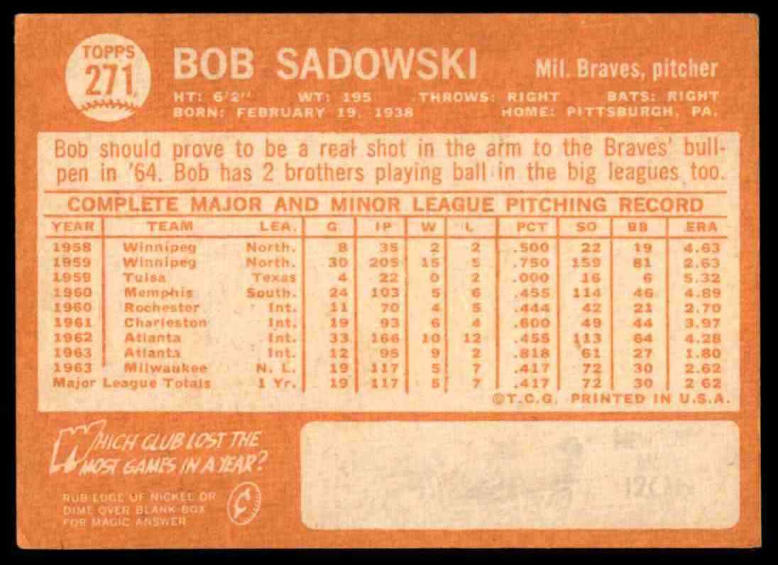1964 TOPPS BOB SADOWSKI ATLANTA BRAVES #271 | eBay UK