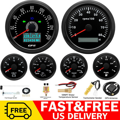 6 Gauge Set 85mm Boat GPS Speedometer 160MPH&Tacho 8000RPM Gauge with ...