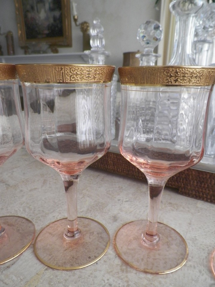 Vintage Tiffin Glass Valencia Pink Gold Etched Water Wine Goblets Stem ...