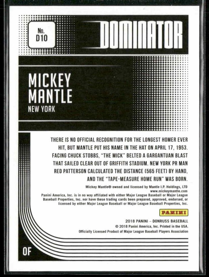 2018 Donruss #D10 Mickey Mantle Dominators Red #/149 | eBay