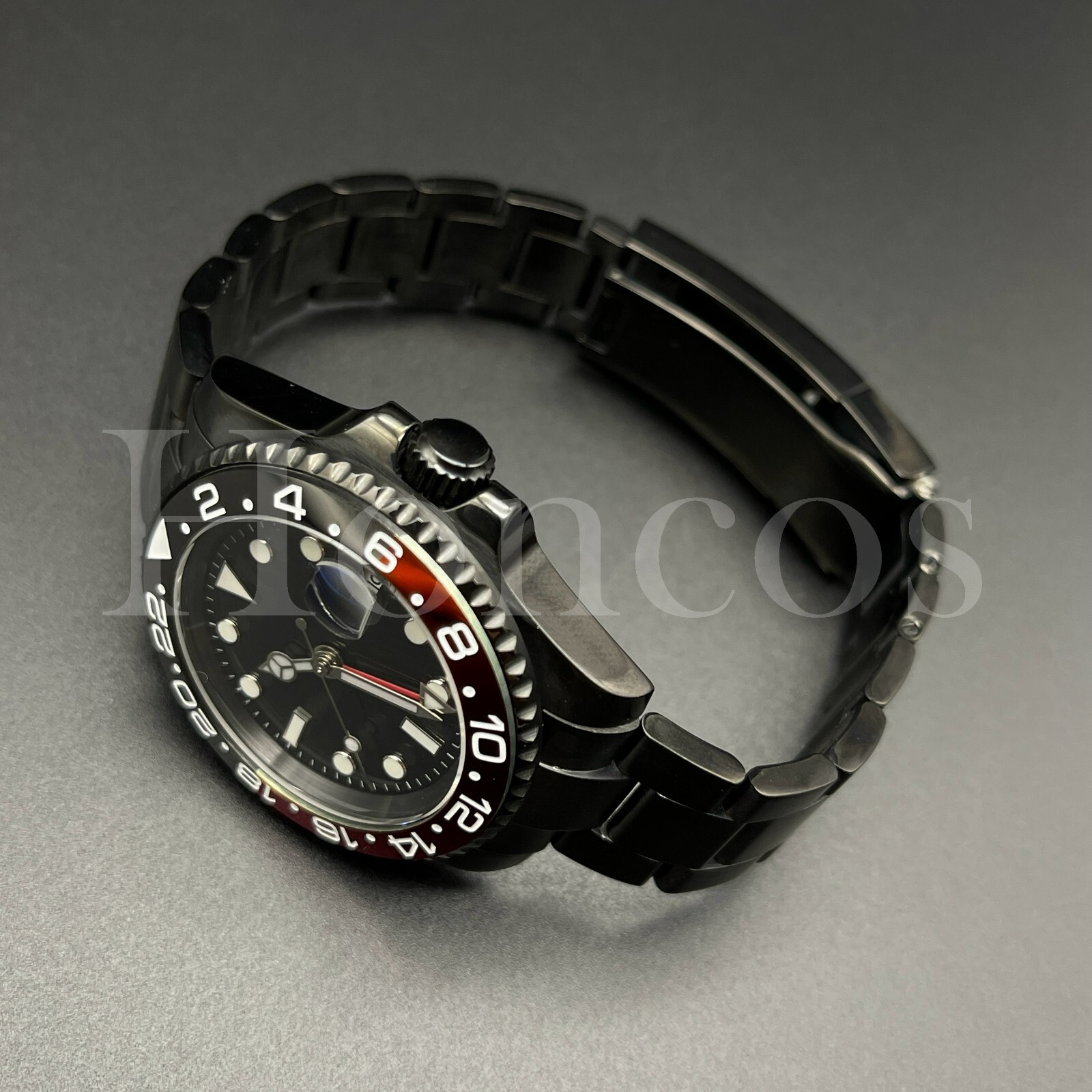 Custom Made GMT Style Watch Automatic Movement Black Dial Black Red ...