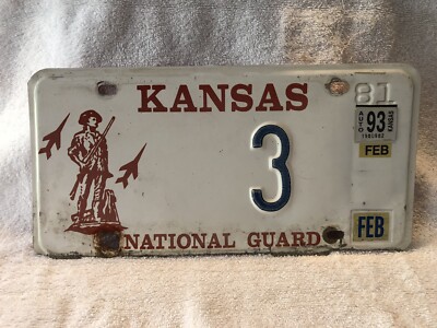 Vintage 1981 1993 Kansas National Guard License Plate #3 SINGLE DIGIT ...